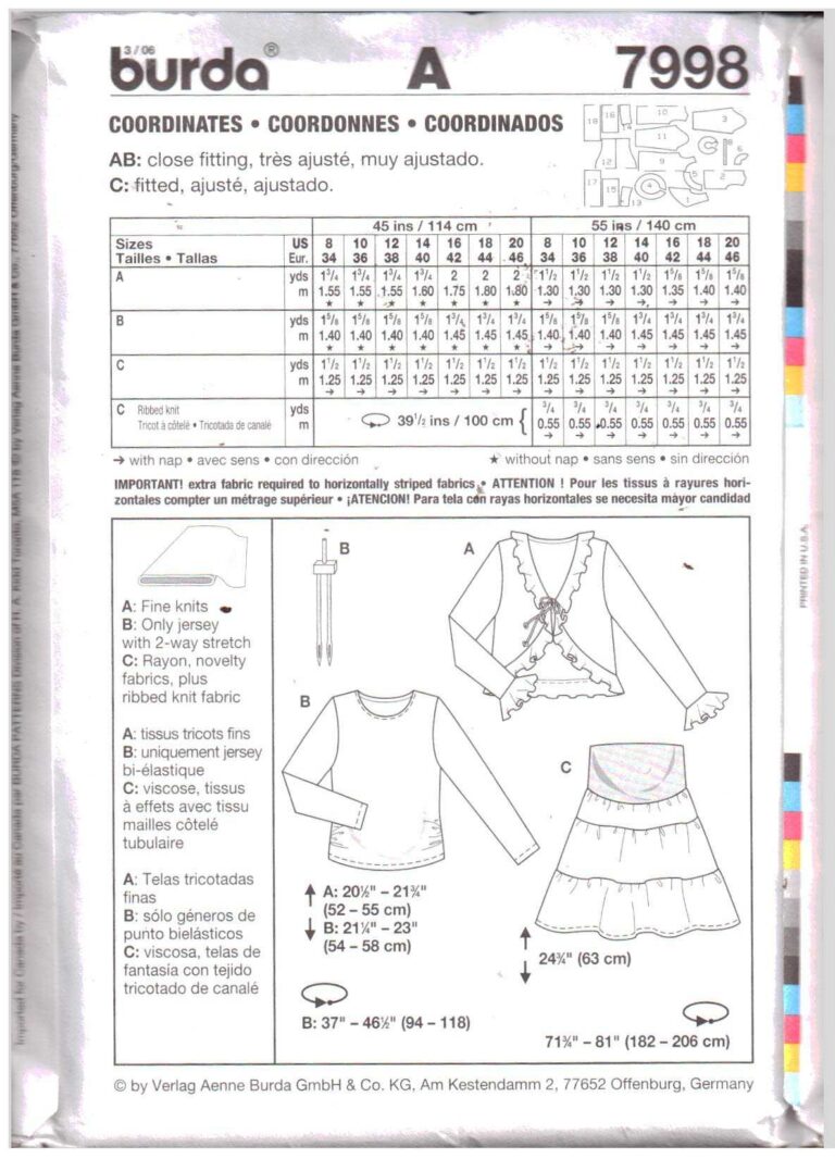 Burda 7998 Maternity Skirt, Top, Jacket Size: 8-20 Uncut Sewing Pattern