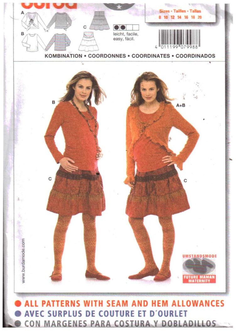 Burda 7998 Maternity Skirt, Top, Jacket Size: 8-20 Uncut Sewing Pattern