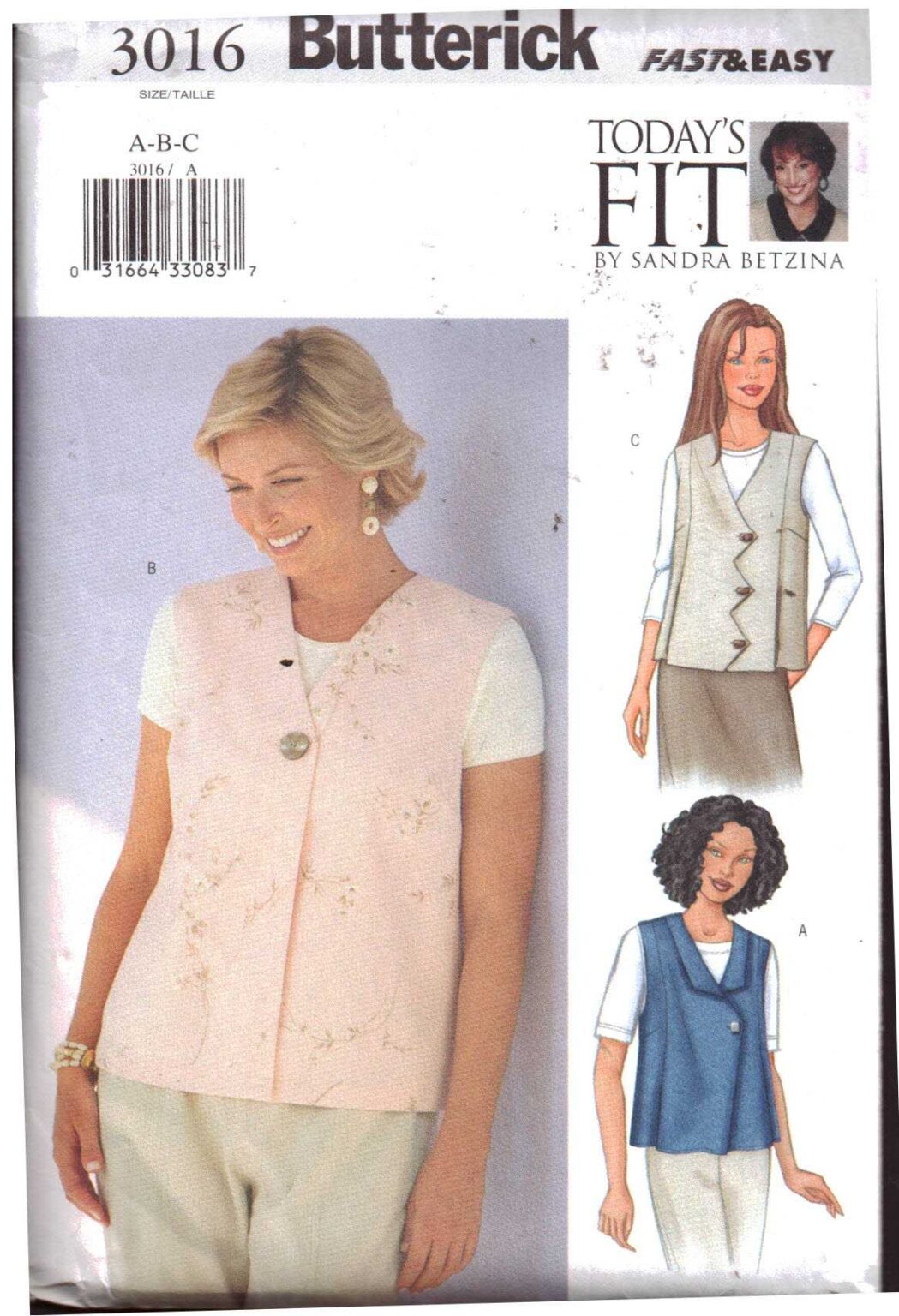 Butterick 3016 Vest Size: 32-34-36 Uncut Sewing Pattern