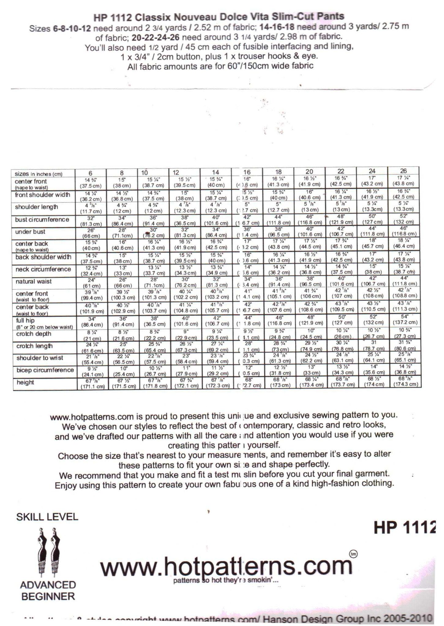 HotPatterns HP 1112 Classix Nouveau Dolce Vita Slim-Cut Pants Size: 6 ...