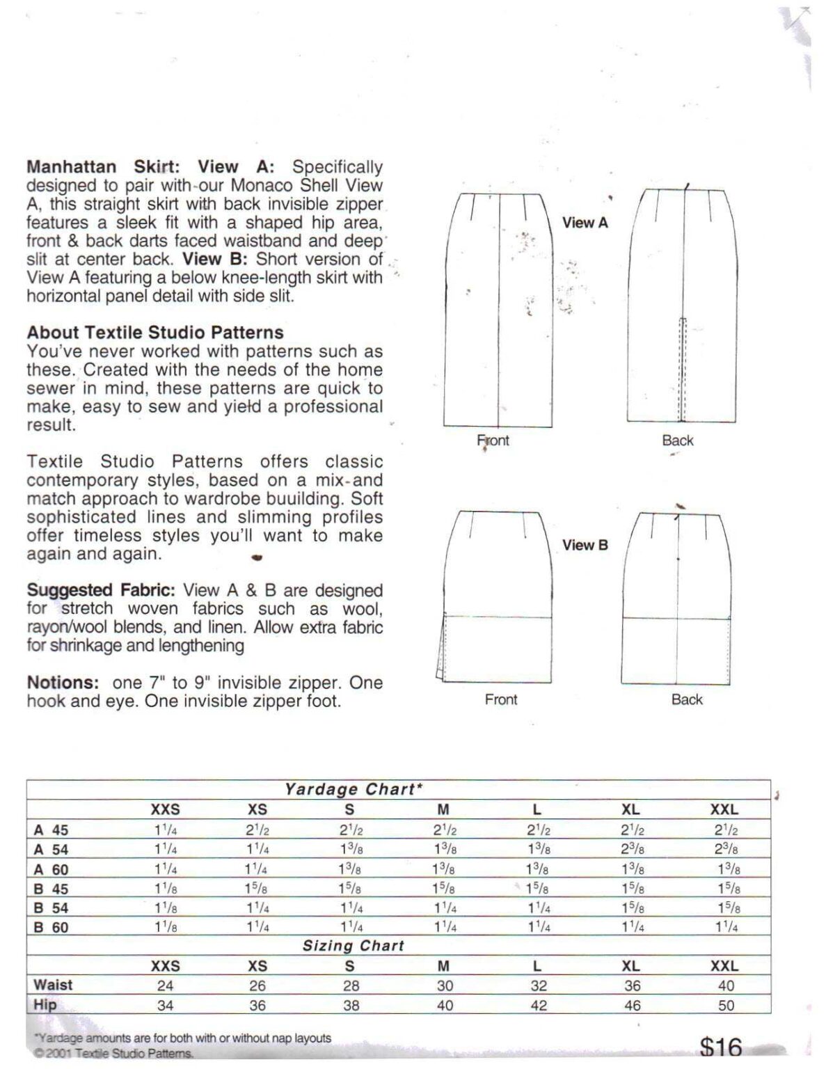 Textile Studio Patterns 1107 Manhattan Skirt Size: Hip 34-50" Uncut ...