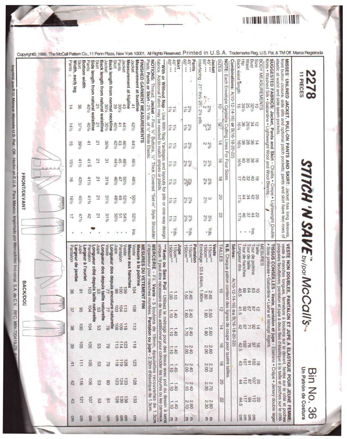 McCall's 2278 Jacket, Pants, Skirt Size: A 10-12-14-16 Uncut Sewing Pattern