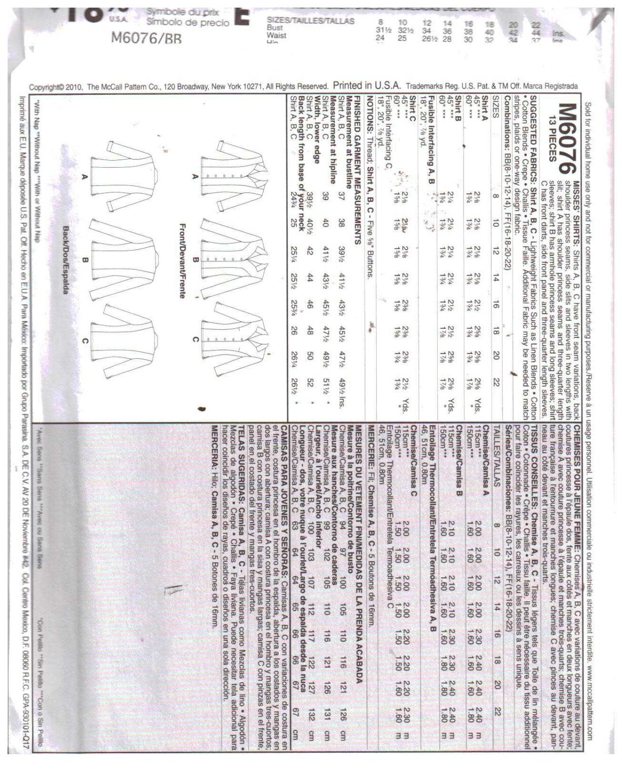 McCall's M6076 Shirts Size: BB 8-10-12-14 Uncut Sewing Pattern