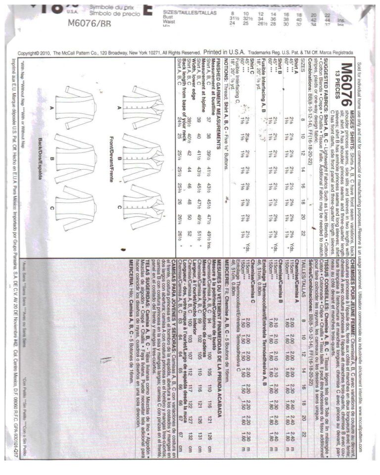 McCall's M6076 Shirts Size: BB 8-10-12-14 Uncut Sewing Pattern