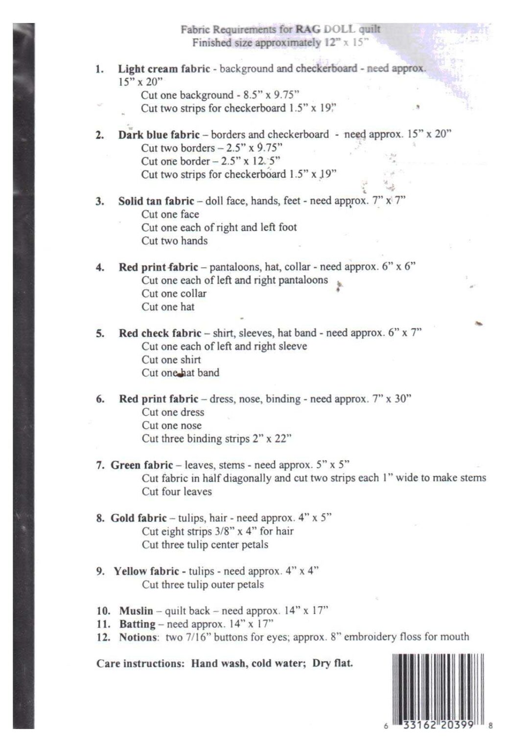 Rage Doll Wallhanging Quilt Pattern P0399 Size: 12x15" Uncut Sewing Pattern