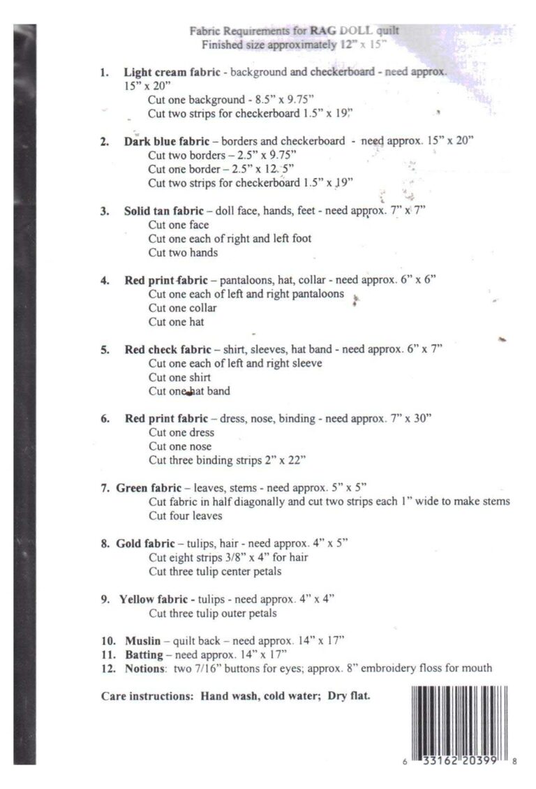 Rage Doll Wallhanging Quilt Pattern P0399 Size: 12x15" Uncut Sewing Pattern