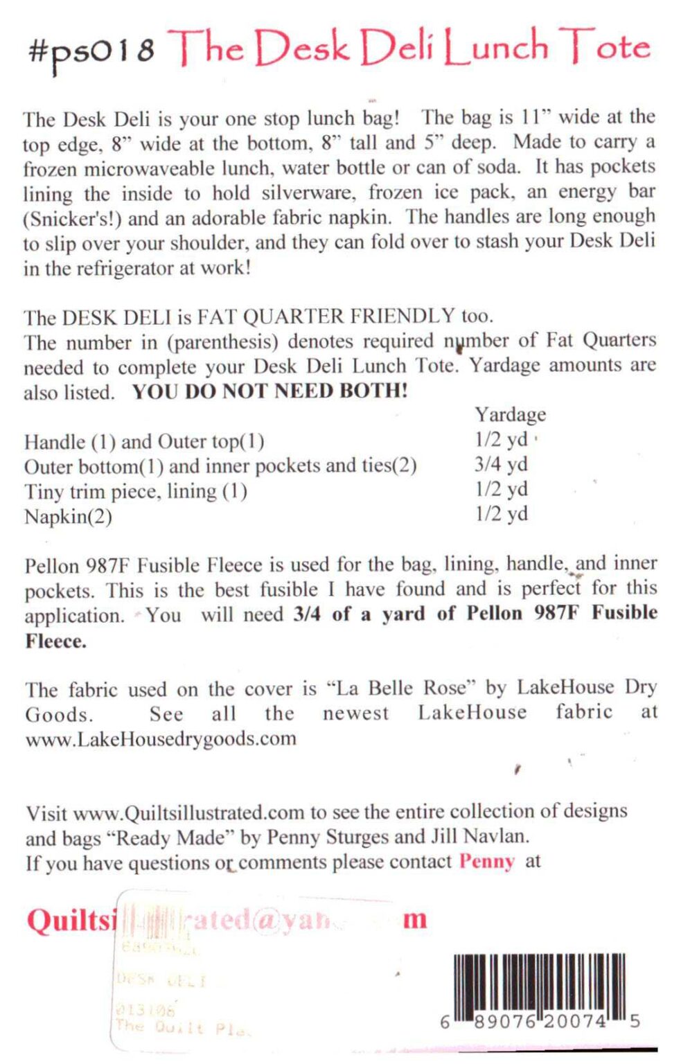 The Quilt Place PS 018 The Desk Deli Size: One Uncut Sewing Pattern