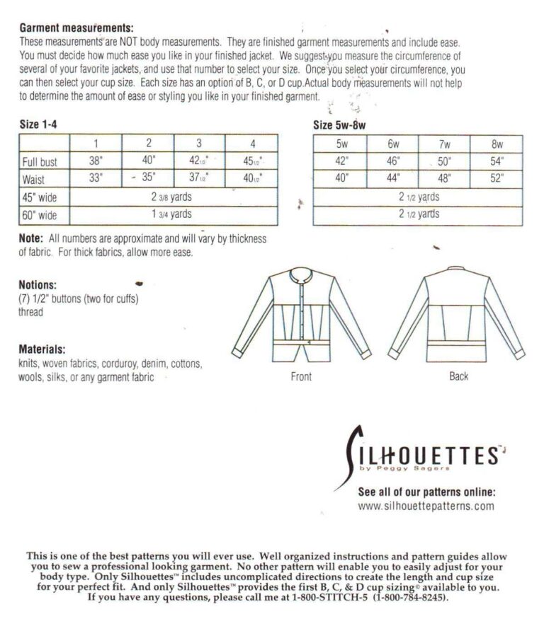 Silhouettes 725 Jeannie's Blouse Size: 1-4 & 5w-8w Uncut Sewing Pattern