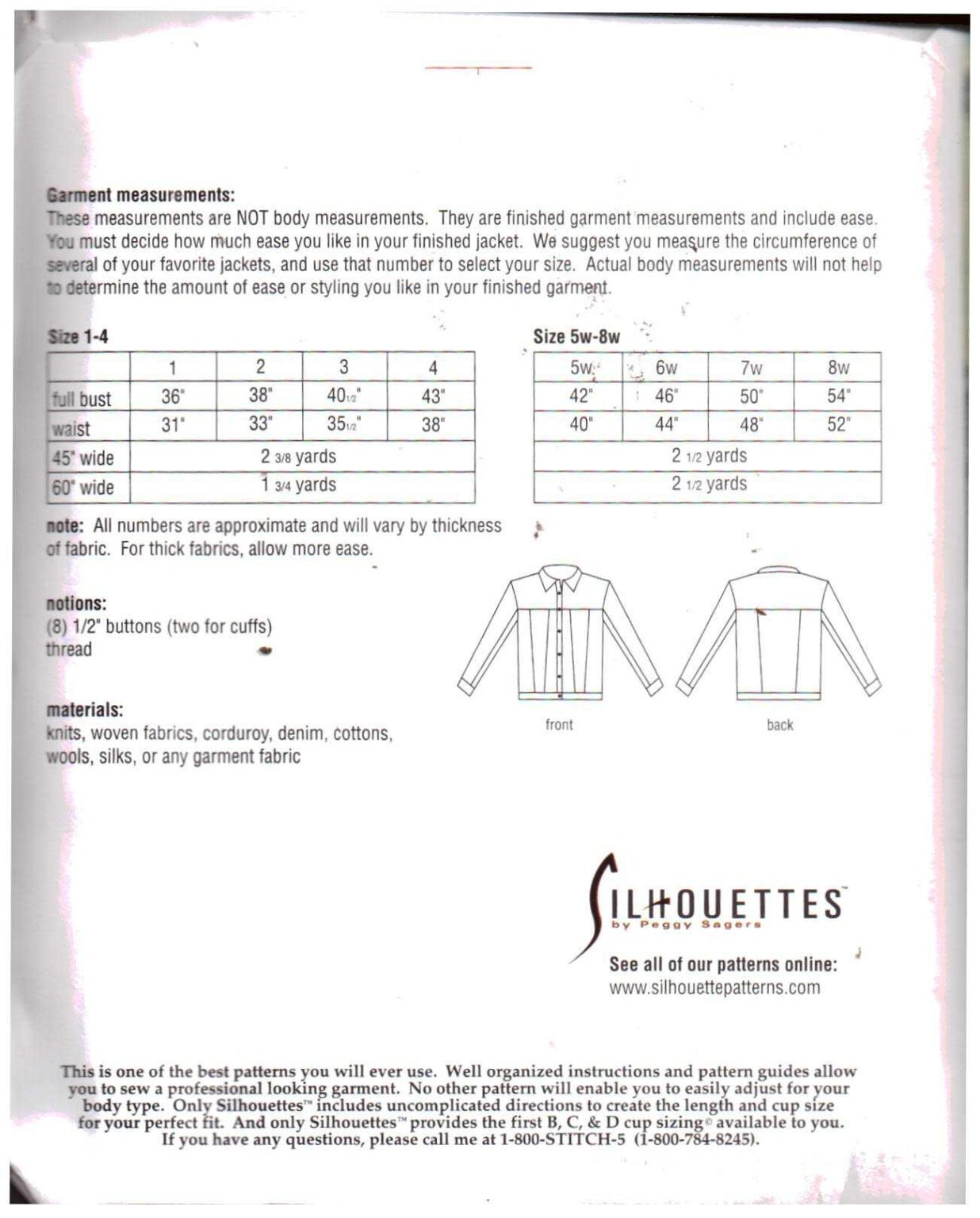 Silhouettes 900 Carol's Jacket Size: 1-4 & 5w-8w Uncut Sewing Pattern