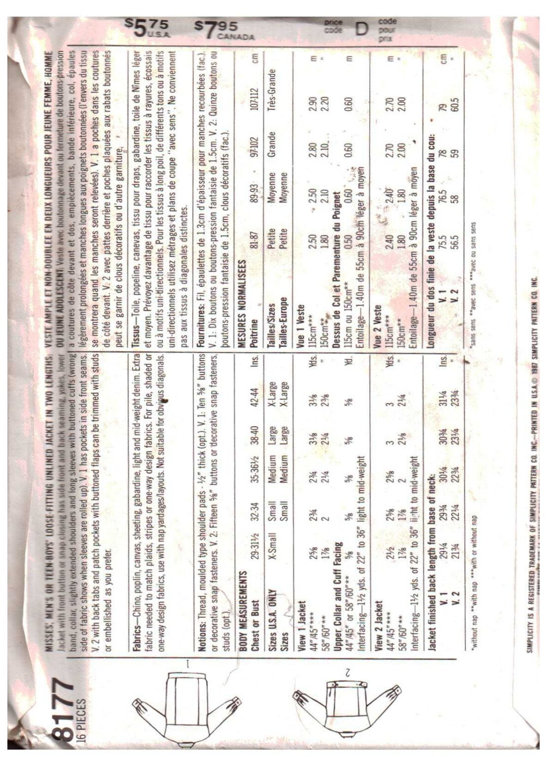 Simplicity 8177 Misses', Men's, Teen Loose-fitting unlined Jacket in ...