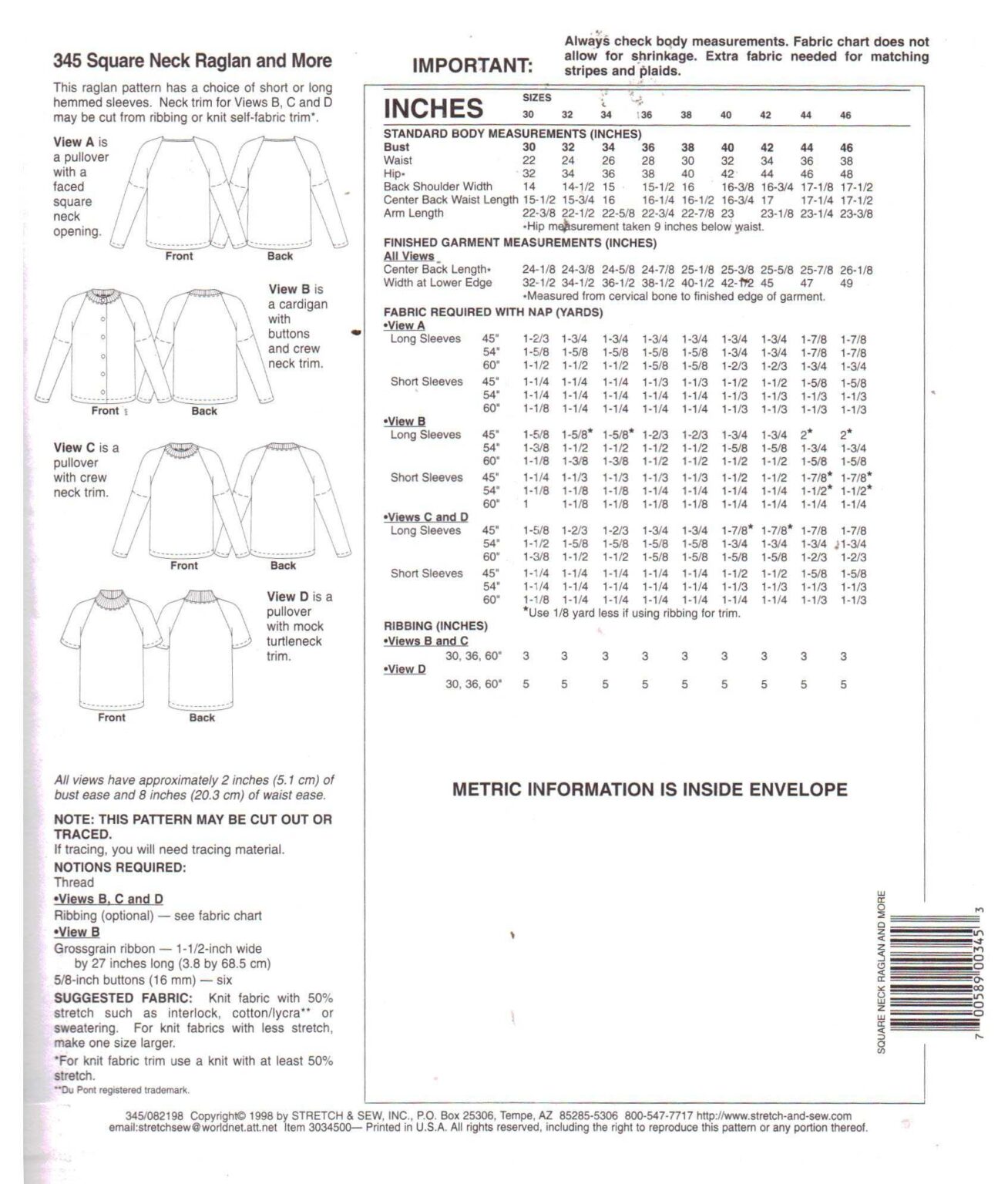 Stretch & Sew 3 345 Square Neck Raglan and More Size: 30-46 Uncut ...