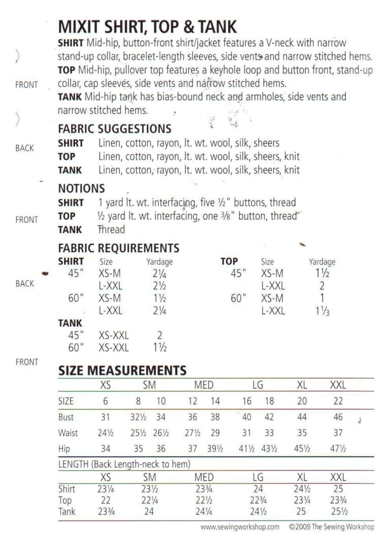 The Sewing Workshop Mixit Shirt & Tank Size: XS-XXL Uncut Sewing Pattern