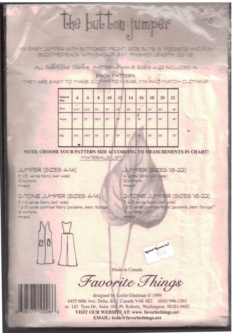 Favorite Things V006 The Button Jumper Size: 4-22 Uncut Sewing Pattern