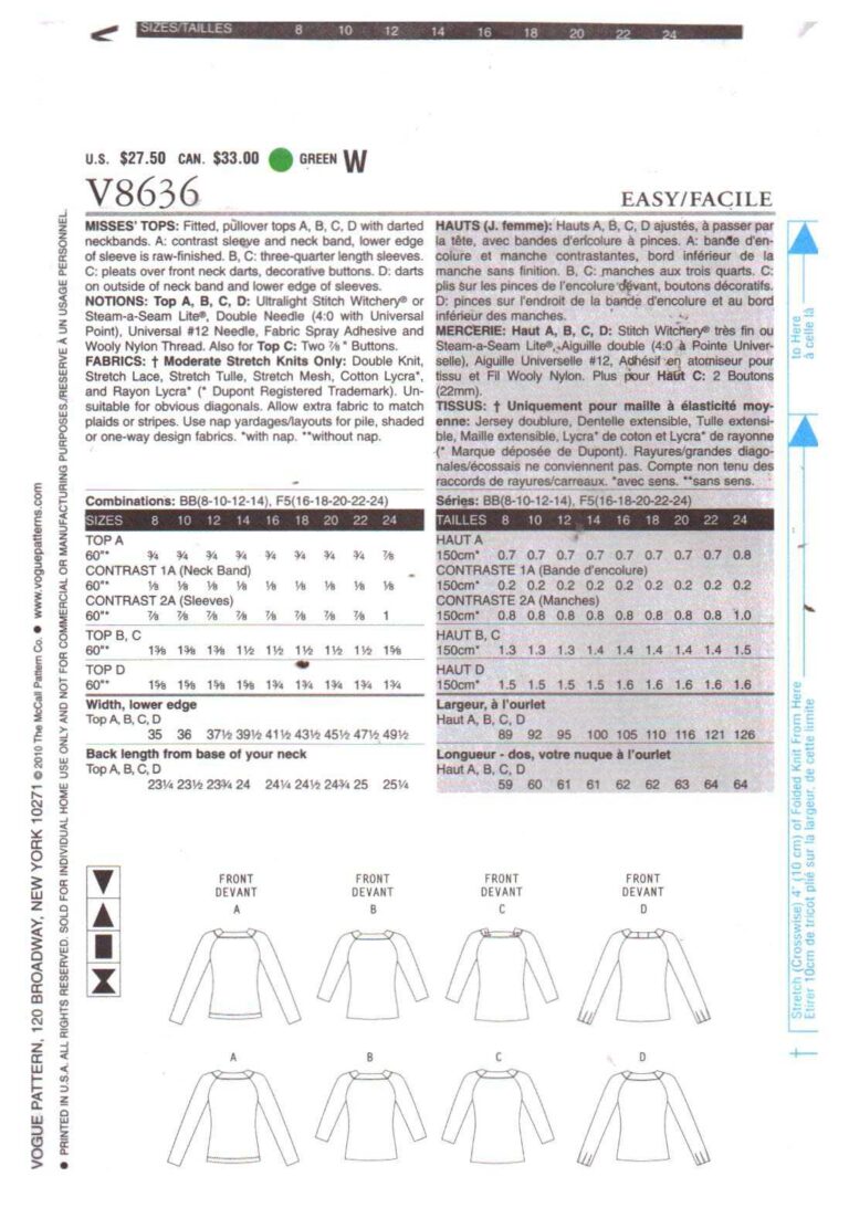 Vogue V8636 Tops by March Tilton Size: BB 8-10-12-14 Uncut Sewing Pattern