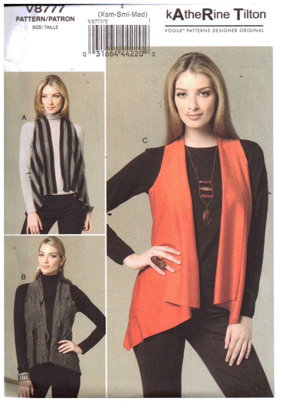 Vogue V8777 Vest by Katherine Tilton Size: Y XS-S-M Uncut Sewing Pattern