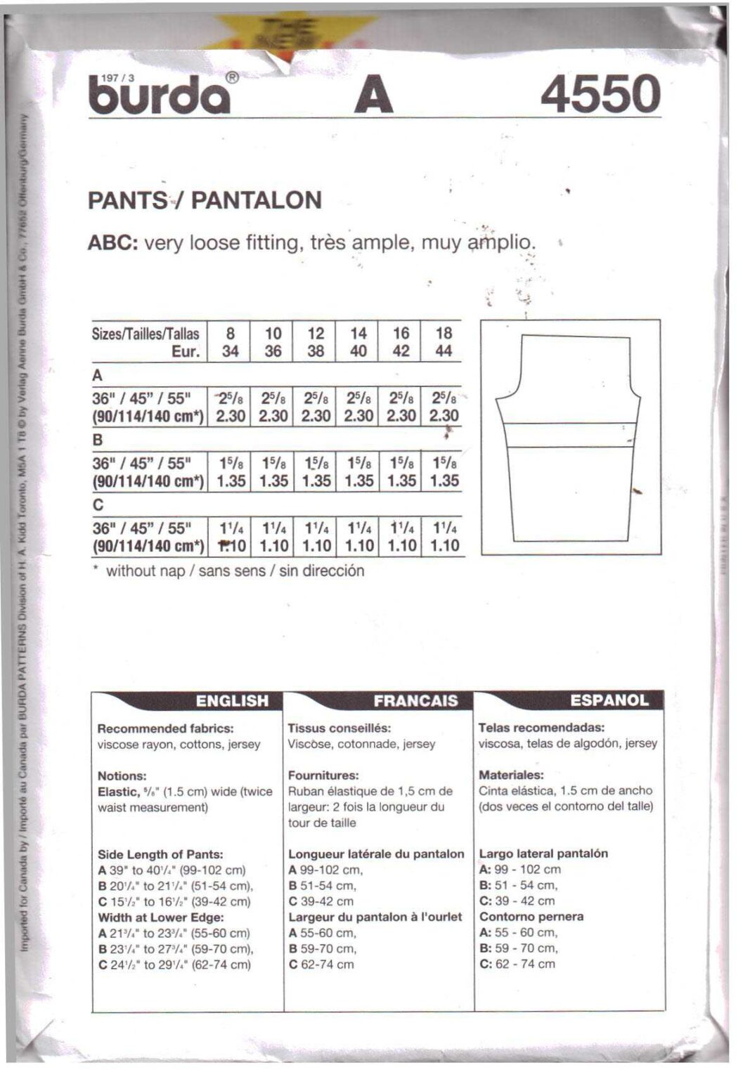 Burda Burda 4550 Pants, Shorts Size: 8-18 Uncut Sewing Pattern