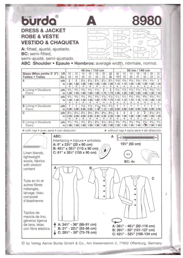Burda Burda 8980 Dress, Jacket size: 10-22 Uncut Sewing Pattern