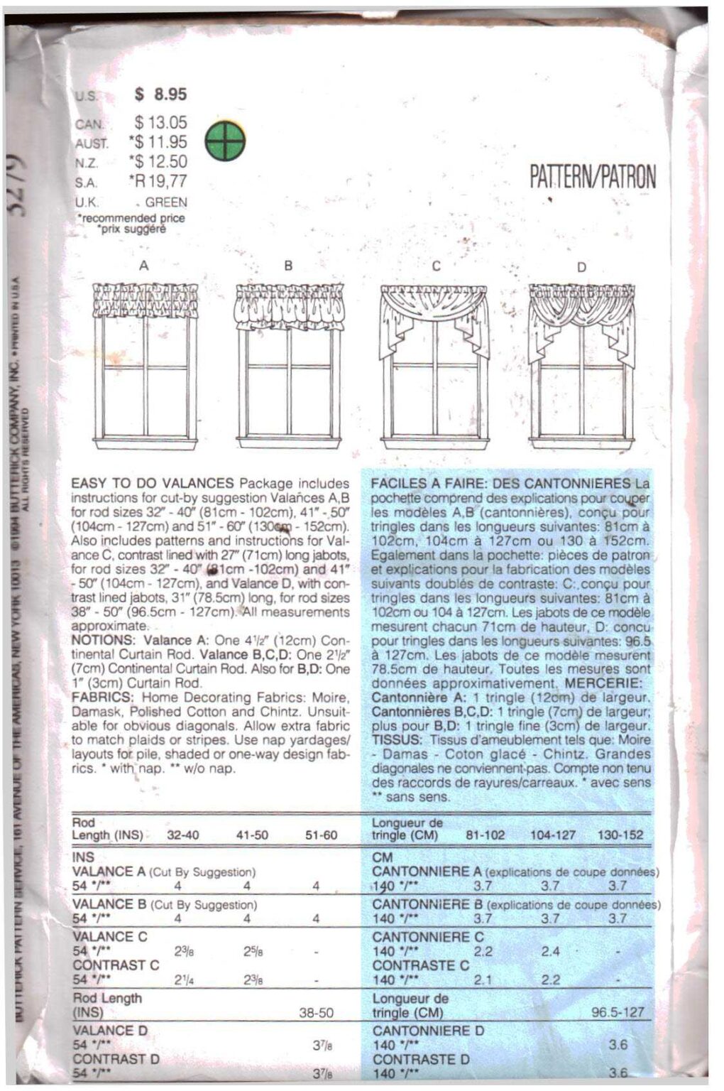 Butterick Butterick 3279 Window Treatments, Valances Size: One Uncut ...