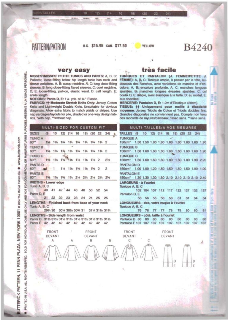 Butterick Butterick B4240 Tunics, Pants Size: 14-16-18 Uncut Sewing Pattern