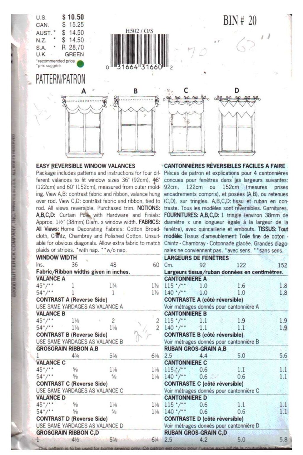 Butterick Butterick H502 Reversible Window Valances Size: One Uncut ...