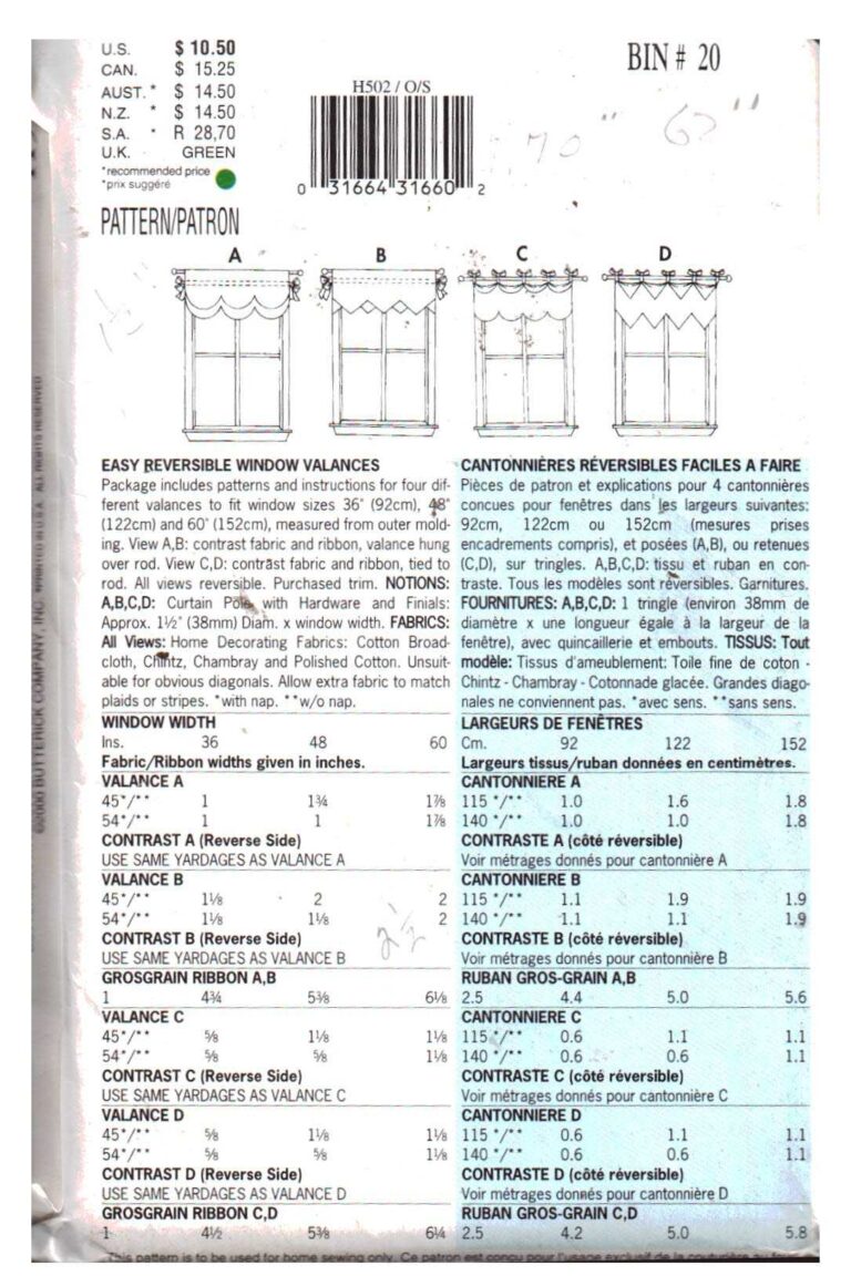 Butterick Butterick H502 Reversible Window Valances Size: One Uncut ...