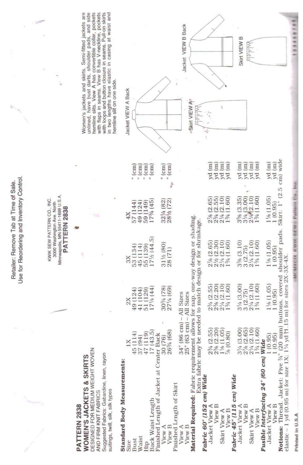 Kwik Sew 2838 Jacket, Skirt Size: 1X-4X Uncut Sewing Pattern