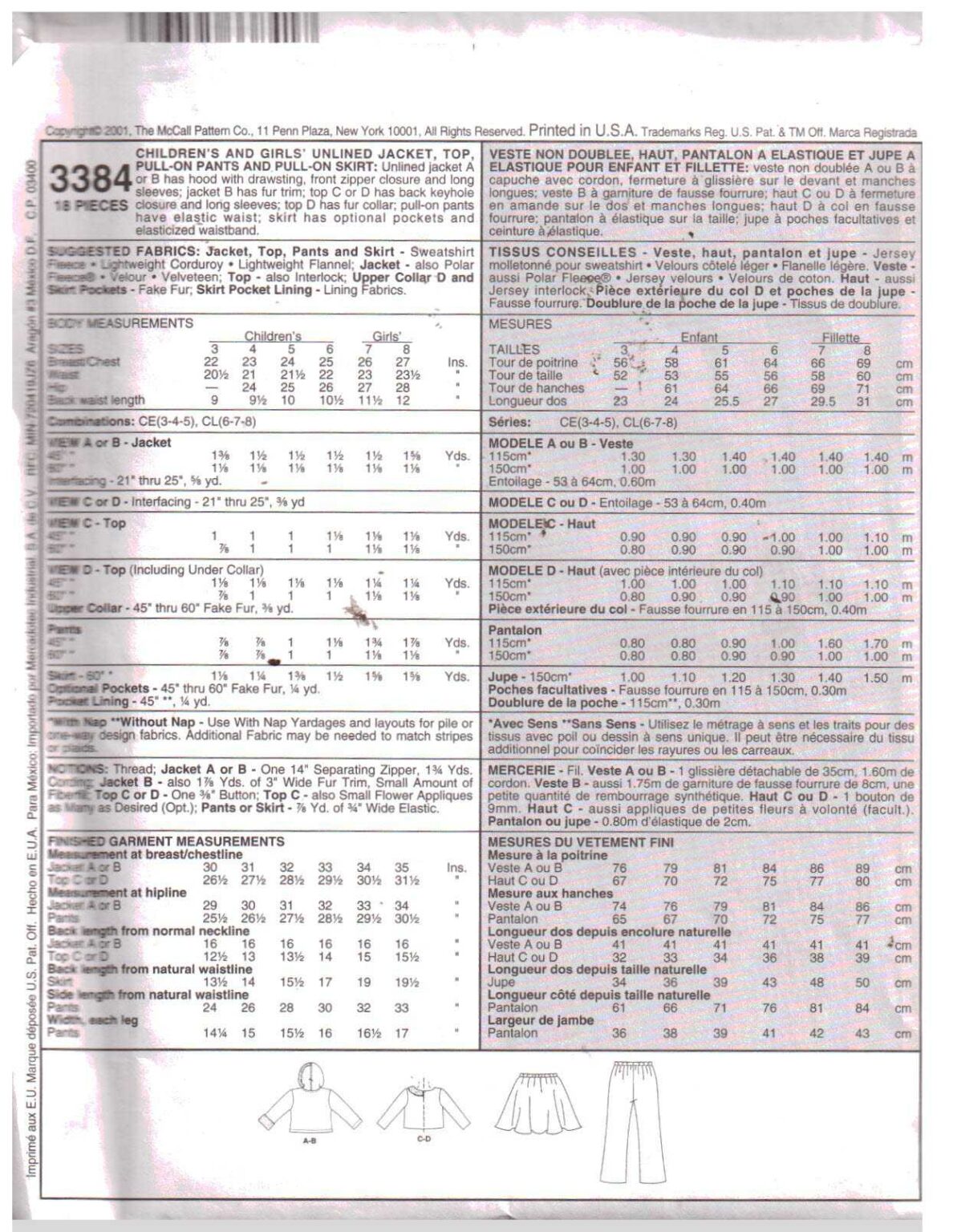 McCall’s 3384 Girl’s Jacket, Top, Pants, Skirt Size: CE 3-4-5 Uncut ...