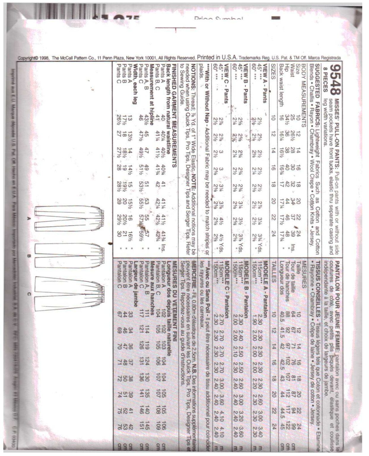McCall's 9548 Pants Size: 16 Uncut Sewing Pattern