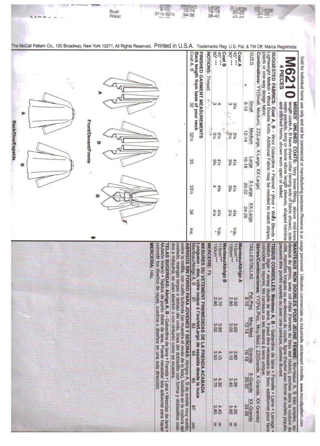 McCall's M6210 Coat Size: ZZ L-XL-XXL Uncut Sewing Pattern