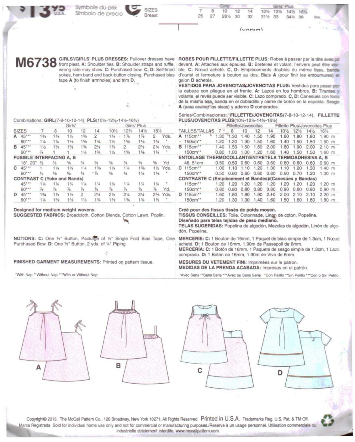 McCall's M6738 Girls' Dress Size: 7-8-10-12-14 Uncut Sewing Pattern