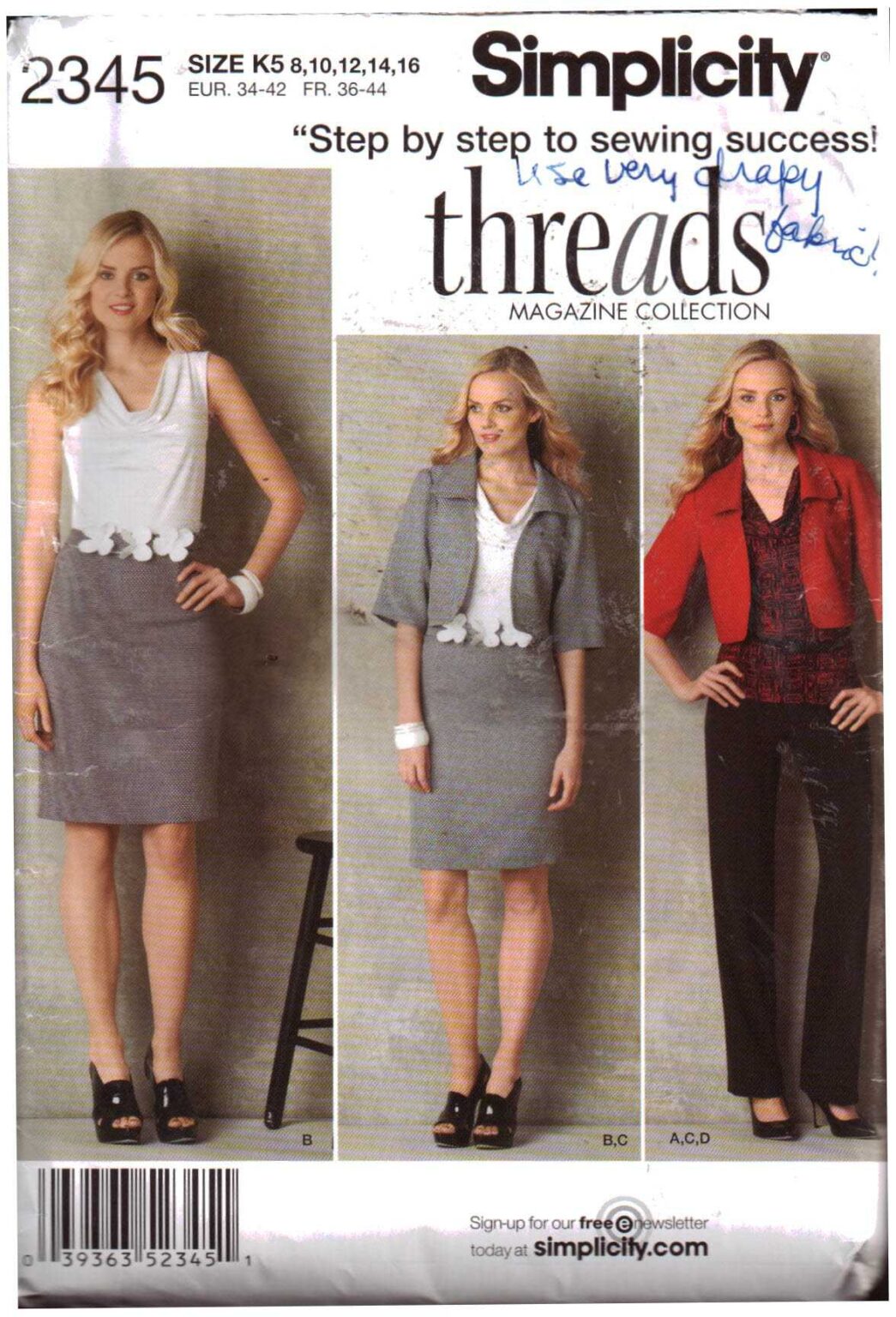 Simplicity 2345 Jacket, Pants, Top, Dress Size: K5 8-16 Used Sewing Pattern