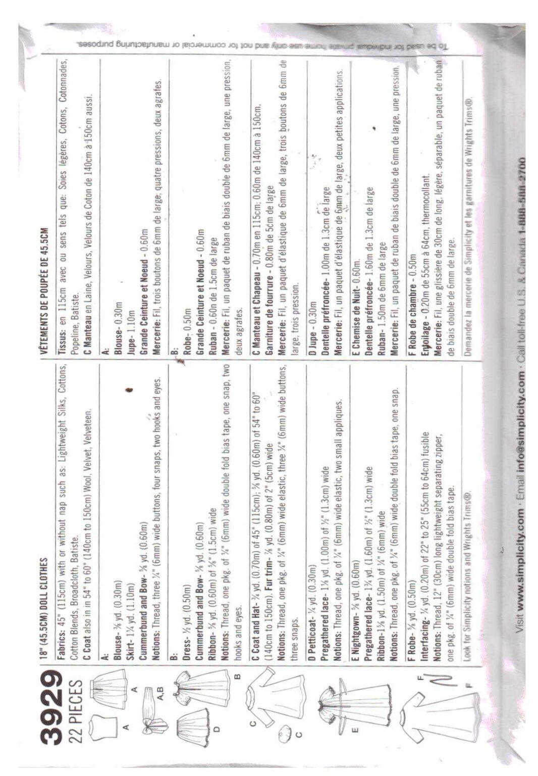 Simplicity 3929 Doll Clothes Size: 18" Uncut Sewing Pattern