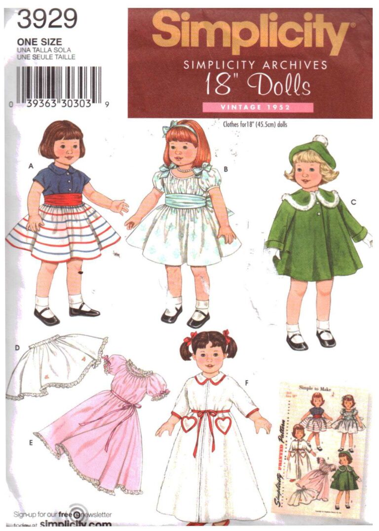 Simplicity 3929 Doll Clothes Size: 18" Uncut Sewing Pattern
