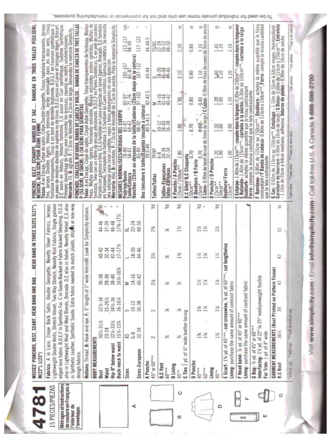 Simplicity 4781 Poncho, Vest, Scarf, Head Band, Bag Size: AA XS-S-M Uncut Sewing Pattern