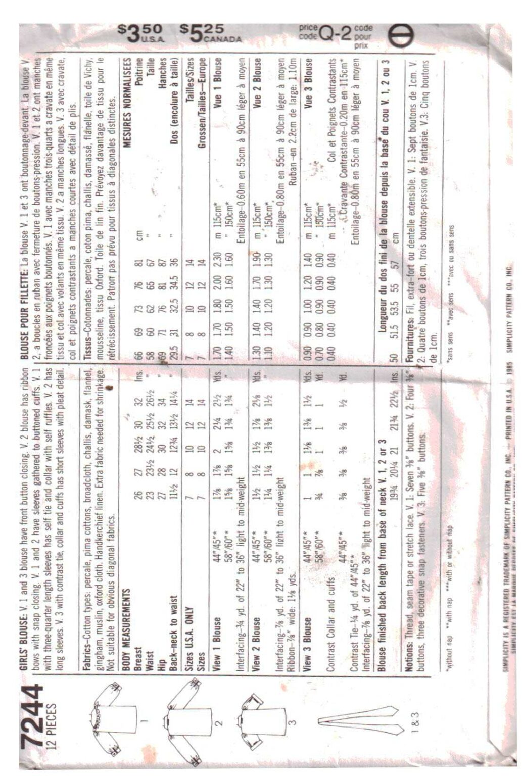 Simplicity 7244 Girls' blouse Size: N 10-12-14 Used Sewing Pattern