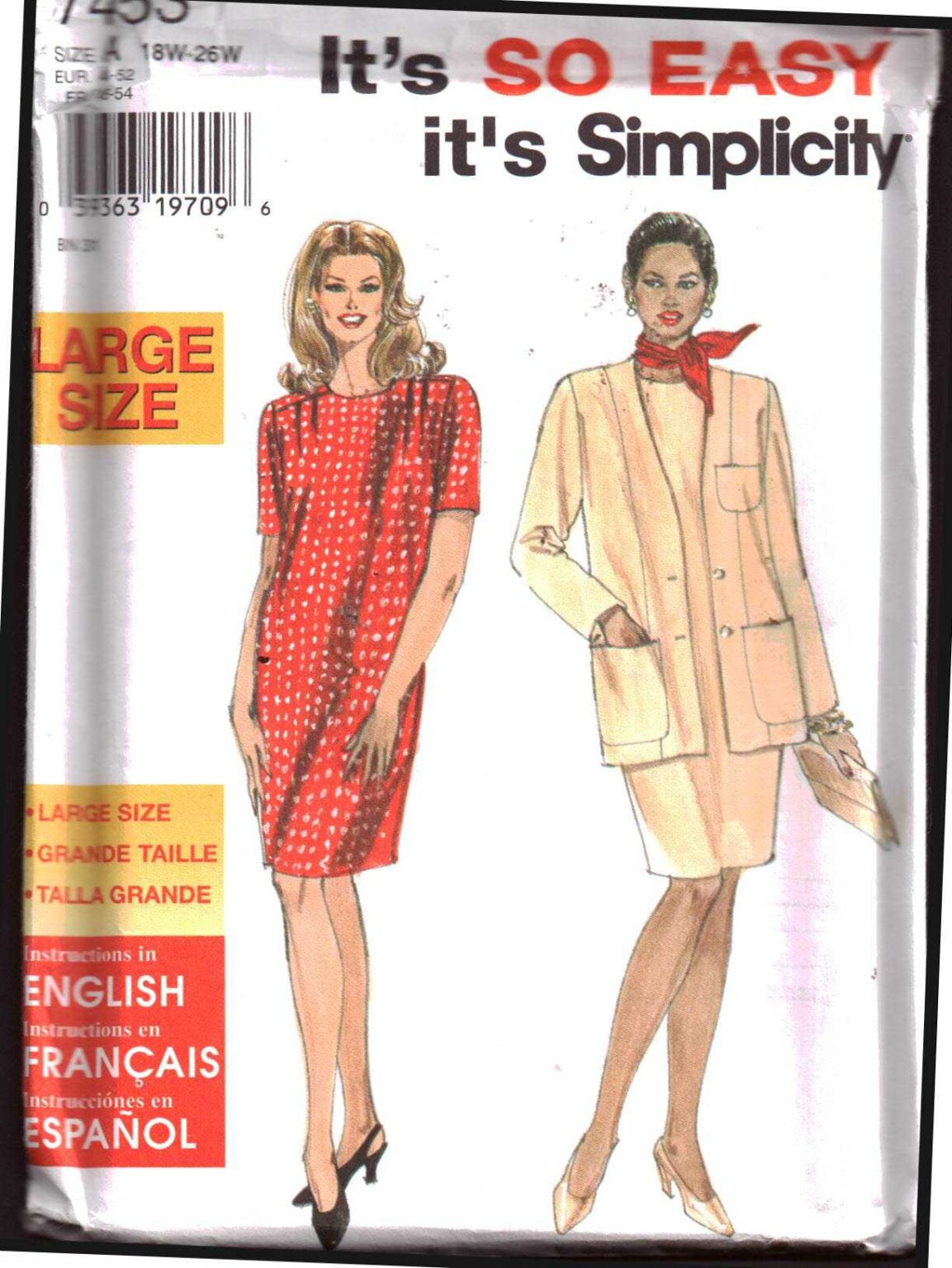 Simplicity 7453 Dress, Jacket Size: A 18W-26W Uncut Sewing Pattern