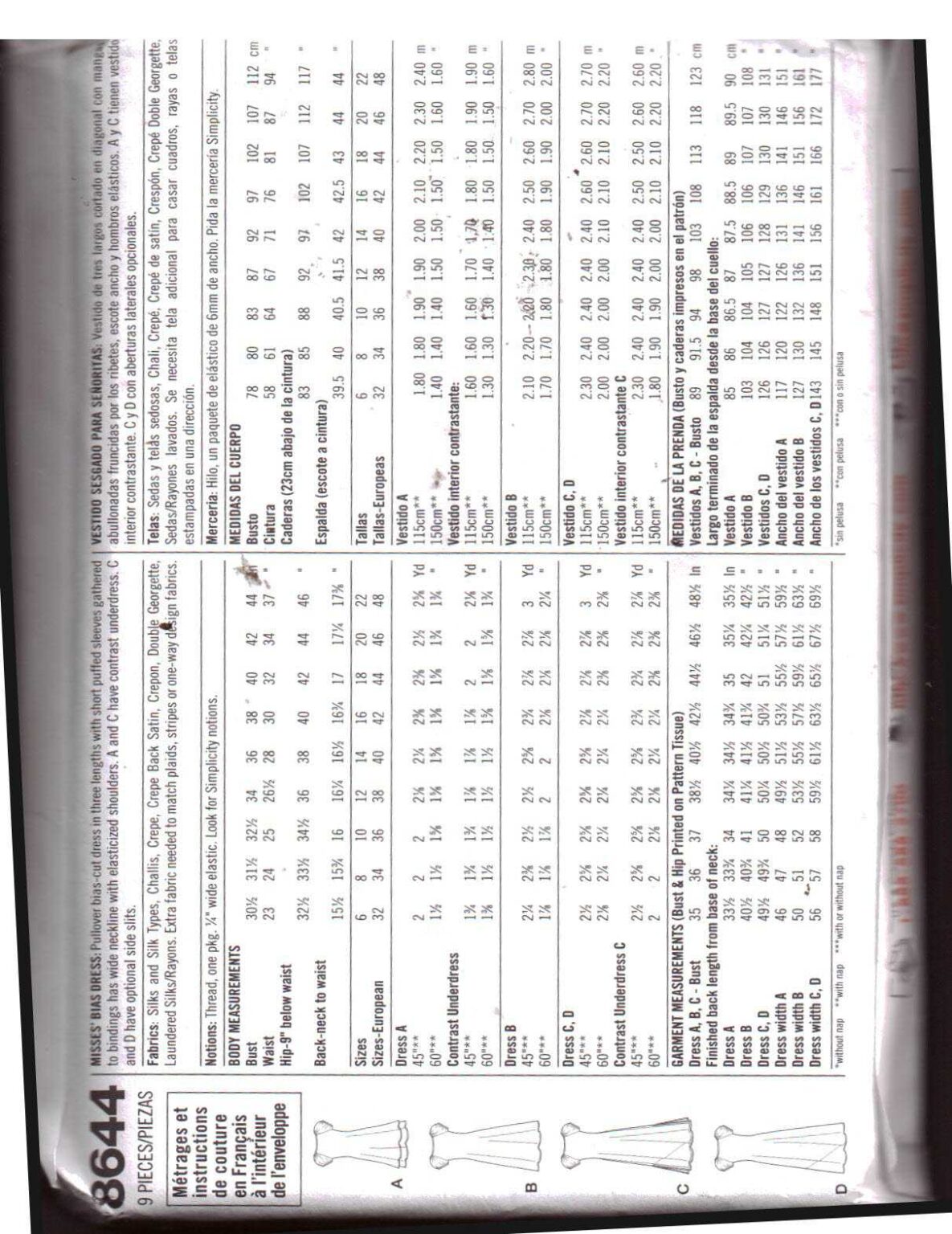 Simplicity 8644 Bias Dresses Size: P 12-14-16 Uncut Sewing Pattern