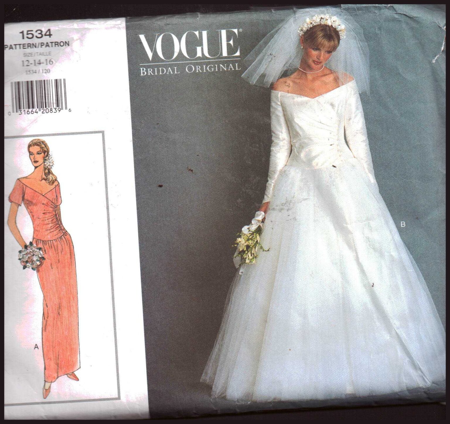 Vogue 1534 Dress, Wedding Dress Size: 12-14-16 Uncut Sewing Pattern