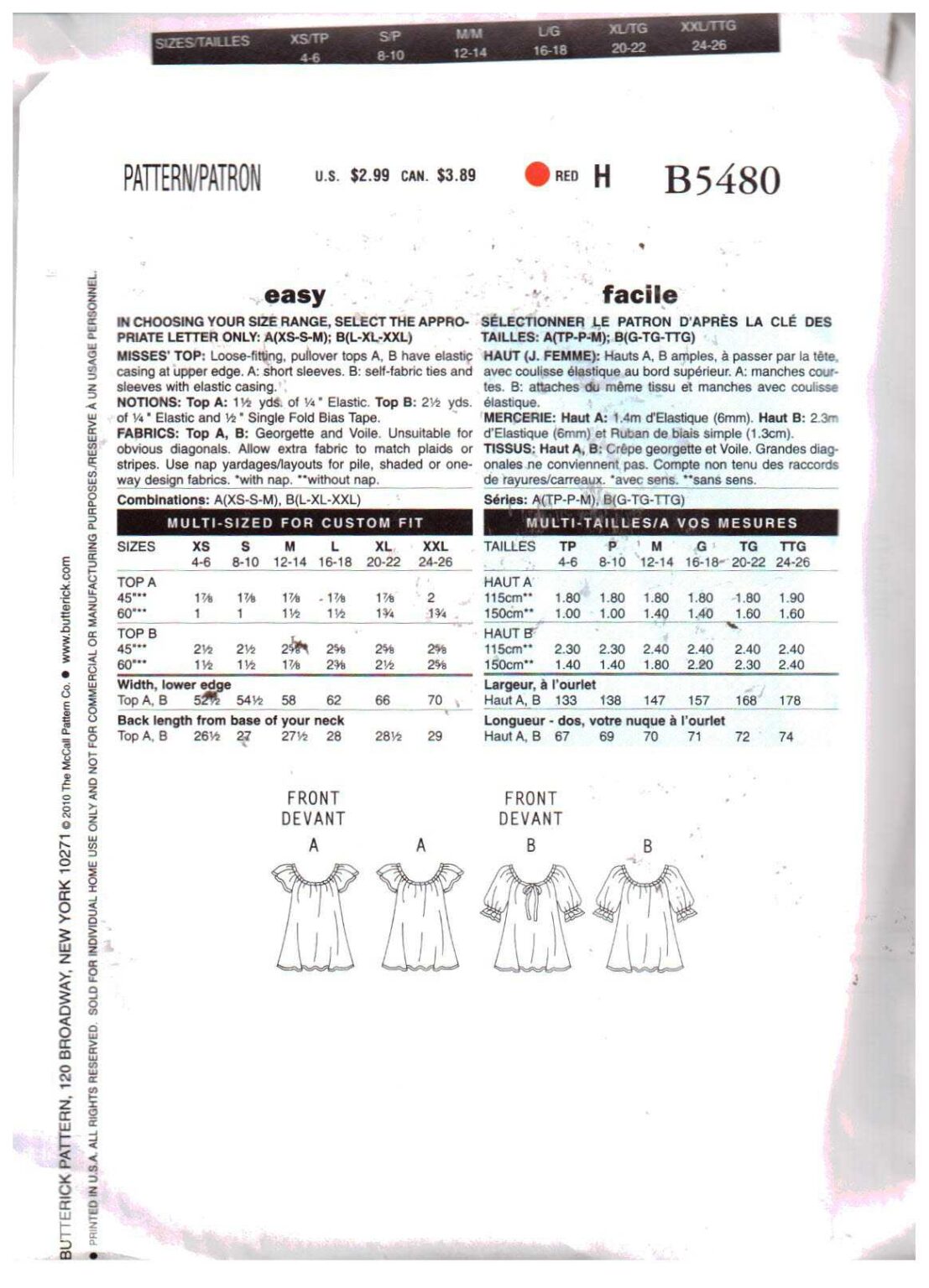 Butterick B5480 Tops Size: B L-XXL Uncut Sewing Pattern