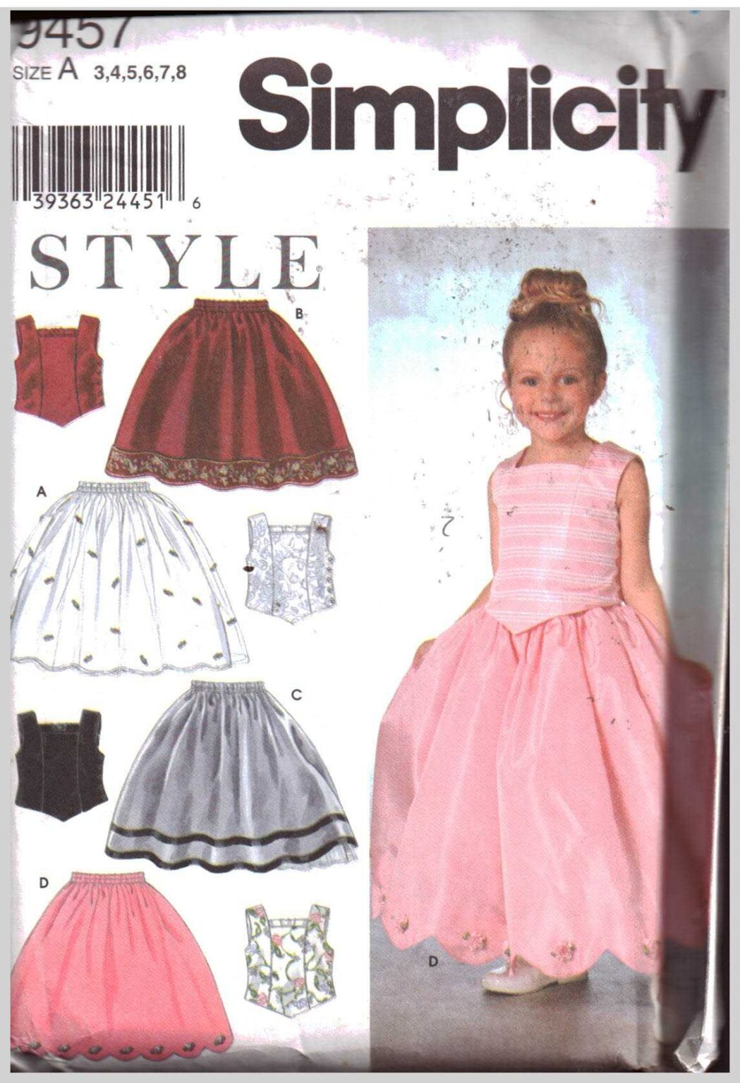 Simplicity 9457 Girl's Top, Skirts Size: A 3-4-5-6-7-8 Uncut Sewing Pattern