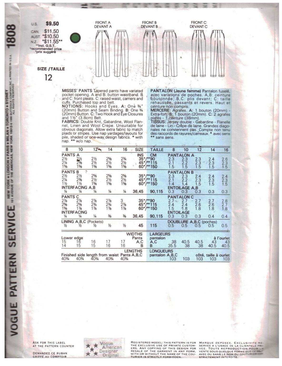 Vogue 1808 Pants by Calvin Klein Size: 12 Uncut Sewing Pattern