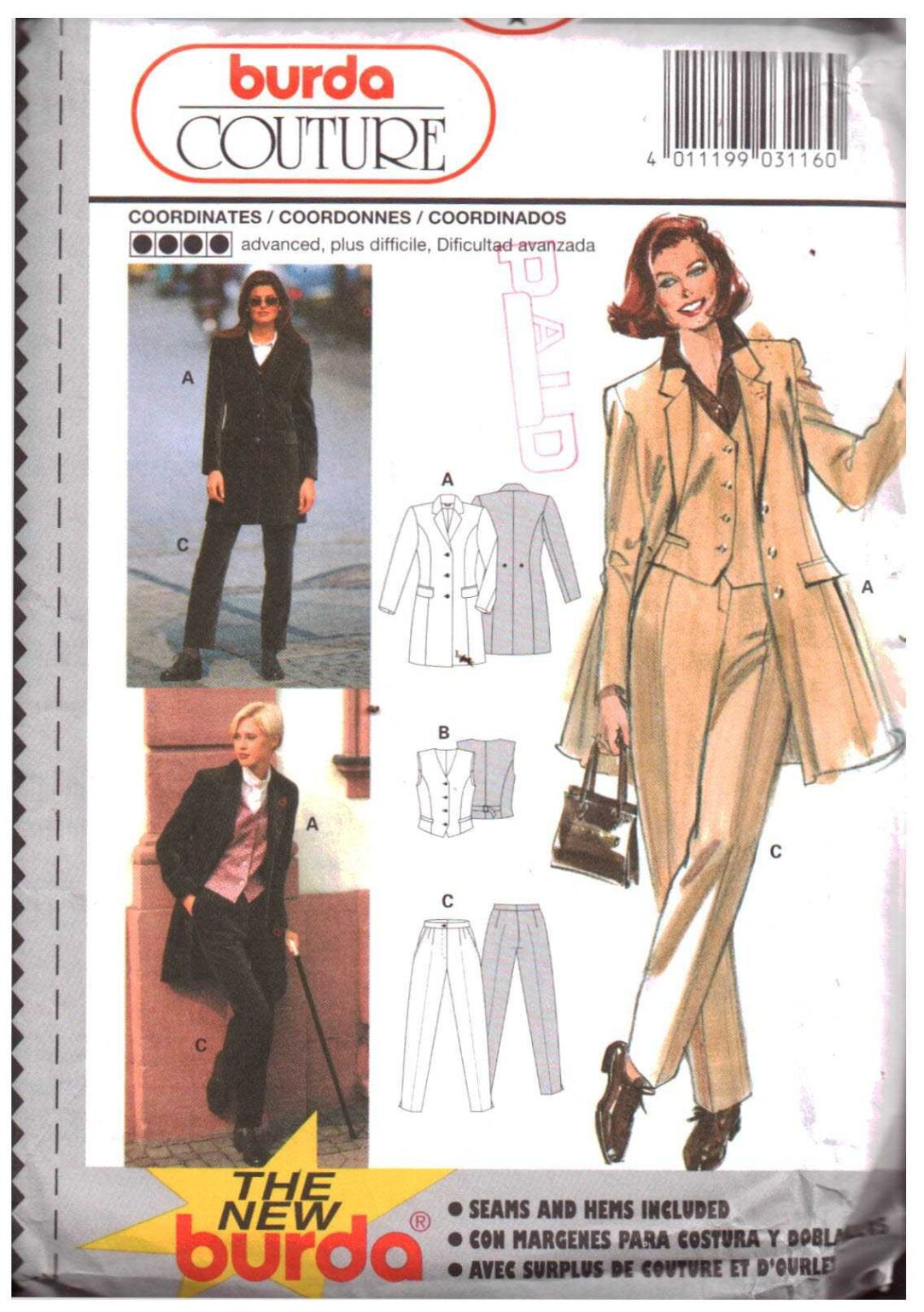 Burda 3116 Suit - Jacket, Vest, Pants Size: 8-10-12-14-16-18 Uncut ...