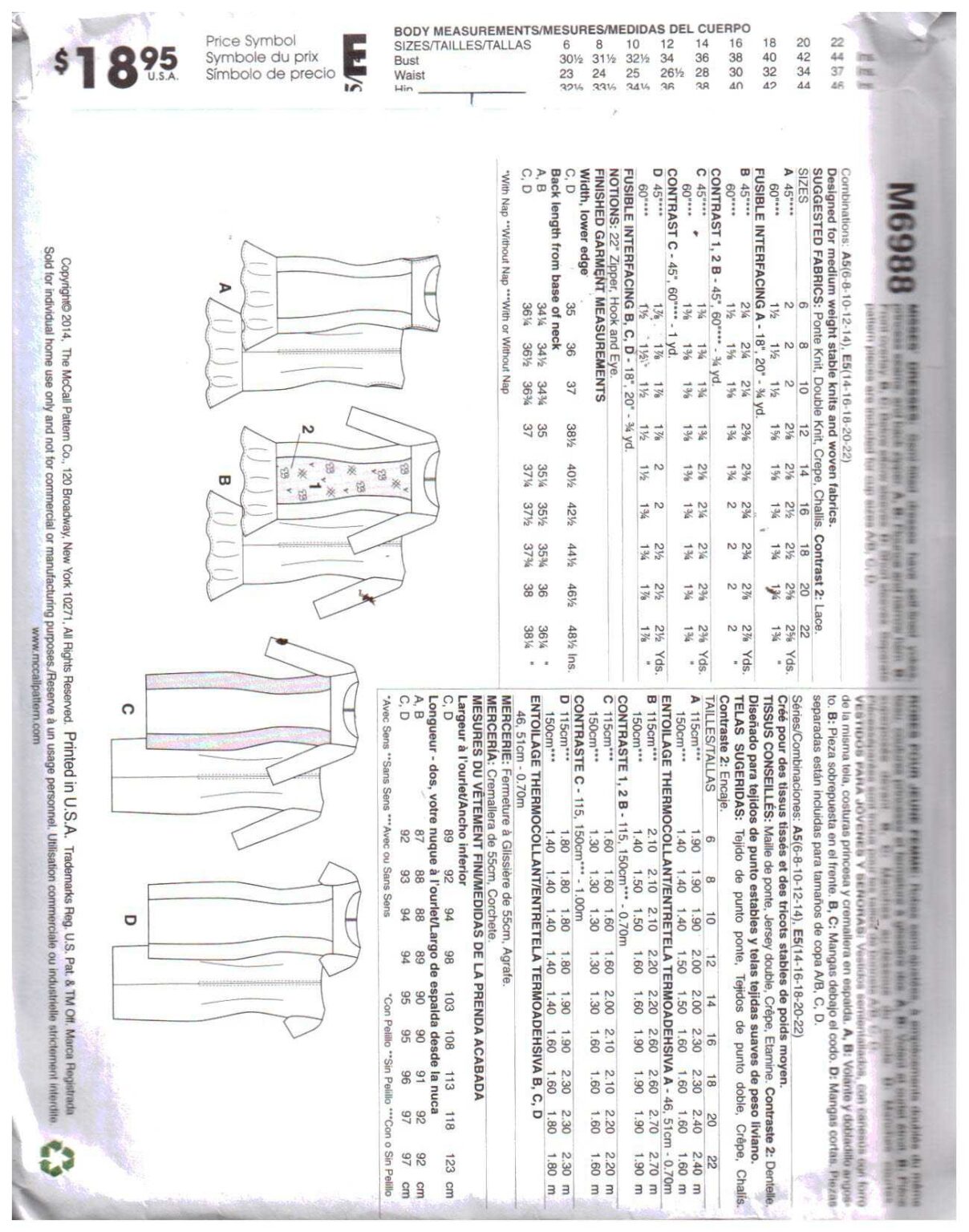 McCall's M6988 Dress Size: E5 14-16-18-20-22 Uncut Sewing Pattern