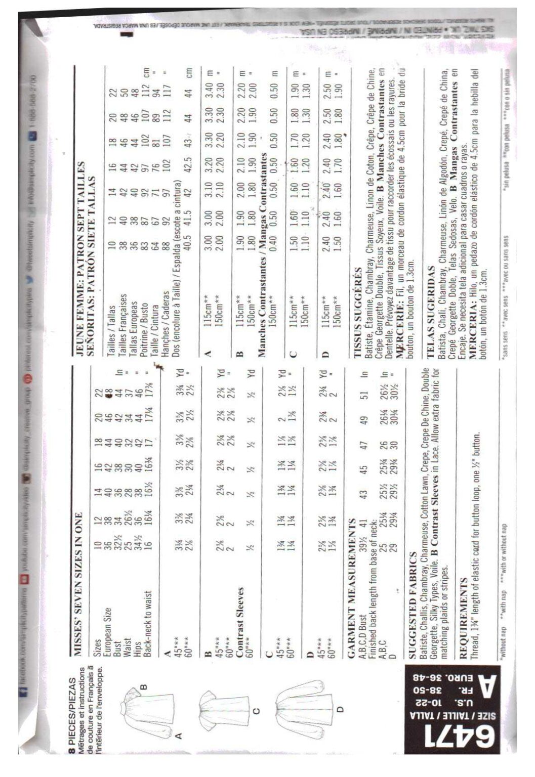 New Look 6471 Tops Size: A 10-22 Uncut Sewing Pattern
