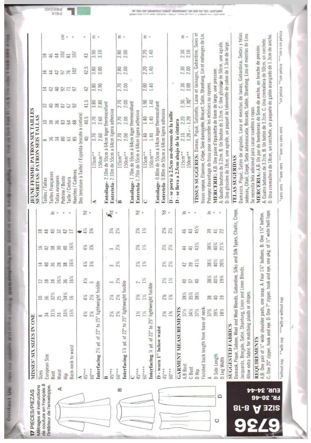 New Look 6736 Coat, Jacket, Dress, Pants Size: A 8-18 Uncut Sewing Pattern