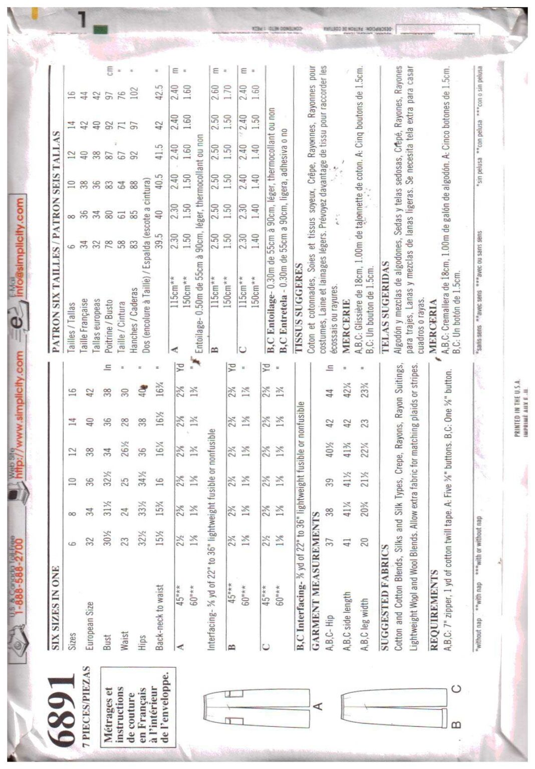 New Look 6891 Pants Size: A 6-16 Uncut Sewing Pattern
