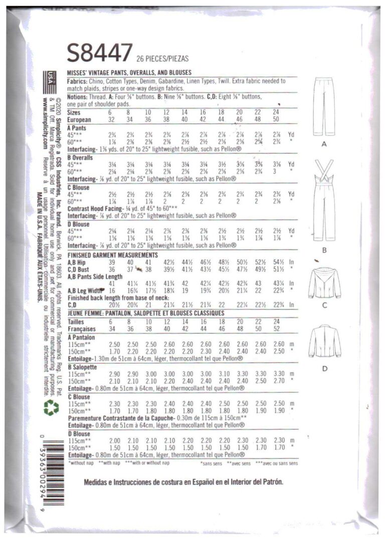 Simplicity S8447 Pants, Overalls, Blouse Vintage 1940's Size: H5 6-14 ...