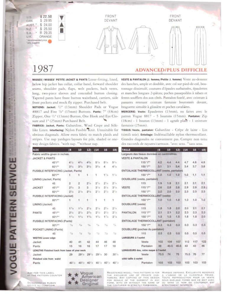 Vogue 1987 Jacket, Pants by Calvin Klein Size: 14-16-18 Uncut Sewing ...