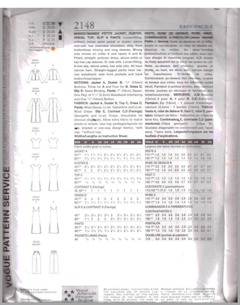 Vogue 2148 Jacket, Duster, Dress, Top, Slip, Pants Size: 12-14-16 Uncut ...