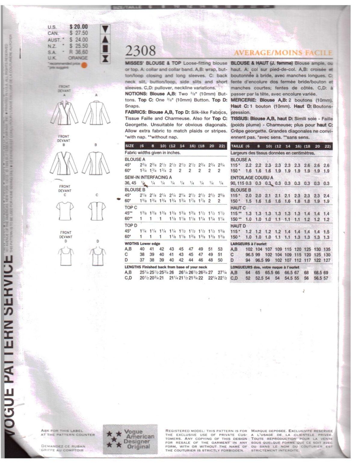 Vogue 2308 Blouse, Top by Anne Klein Size: 18-20-22 Uncut Sewing Pattern